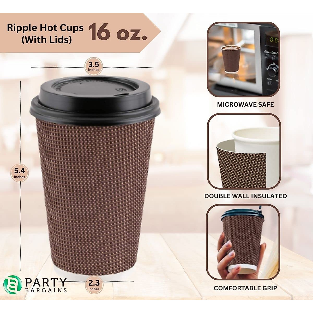 PARTY BARGAINS Ripple Hot Cups with Lids, 16 oz, 40 Count, Brown, Insulated Double Wall, Disposable Paper Coffee Cups, To-Go Cup, Tea, Hot Beverages, No Sleeve Needed