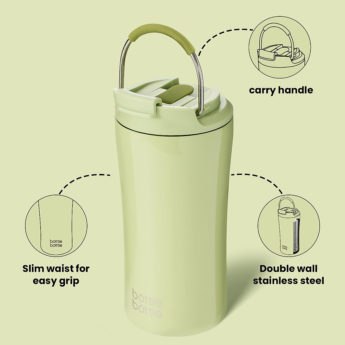 BOTTLE BOTTLE Insulated Coffee Tumblers with Dual-use Lid and Straw Double Walled Iced Travel Coffee Mug for Woman and Man 12oz Stainless Steel Tumbler with Handle（avocado green）