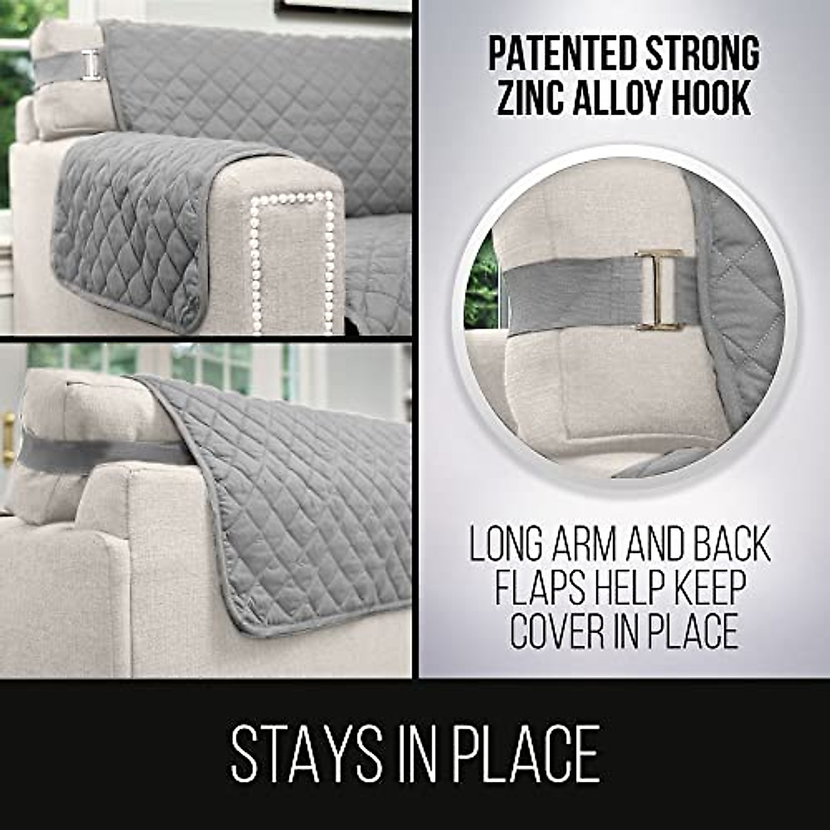 Sofa Shield Patented Couch Cover, Large Furniture Protector with Straps, Reversible Tear and Stain Resistant Slipcovers, Quilted Microfiber 70” Seat, Washable Covers for Dogs, Kids, Lt Gray Charcoal