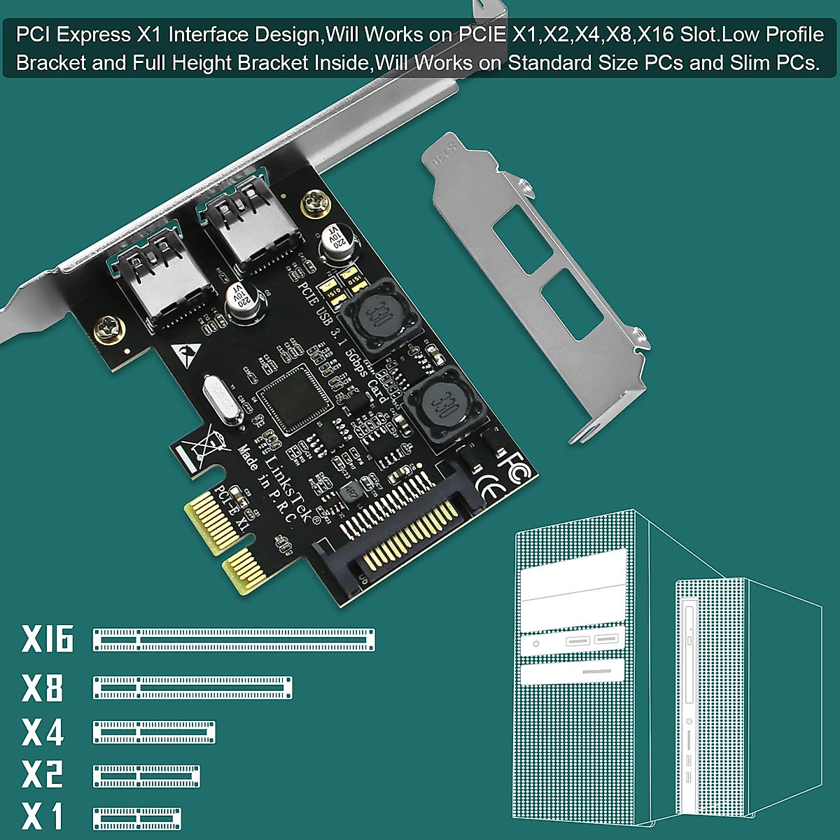 LinksTek 2-Ports PCIE USB 3.0 (USB 3.1 GEN1) 5Gbps Expansion Card for Desktop PCs, 2X 5Gbps USB-A Ports, Built in Smart Power Distribution Technology, No Need Extra Power Supply (PCIE-U302A)