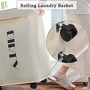 ParkNbuy 2 Section Laundry Hamper with Wheels and Lid,Large Laundry Basket on Wheels with Handle,Oxford Cloth Hamper on Wheels for Family Room Clothing Toys