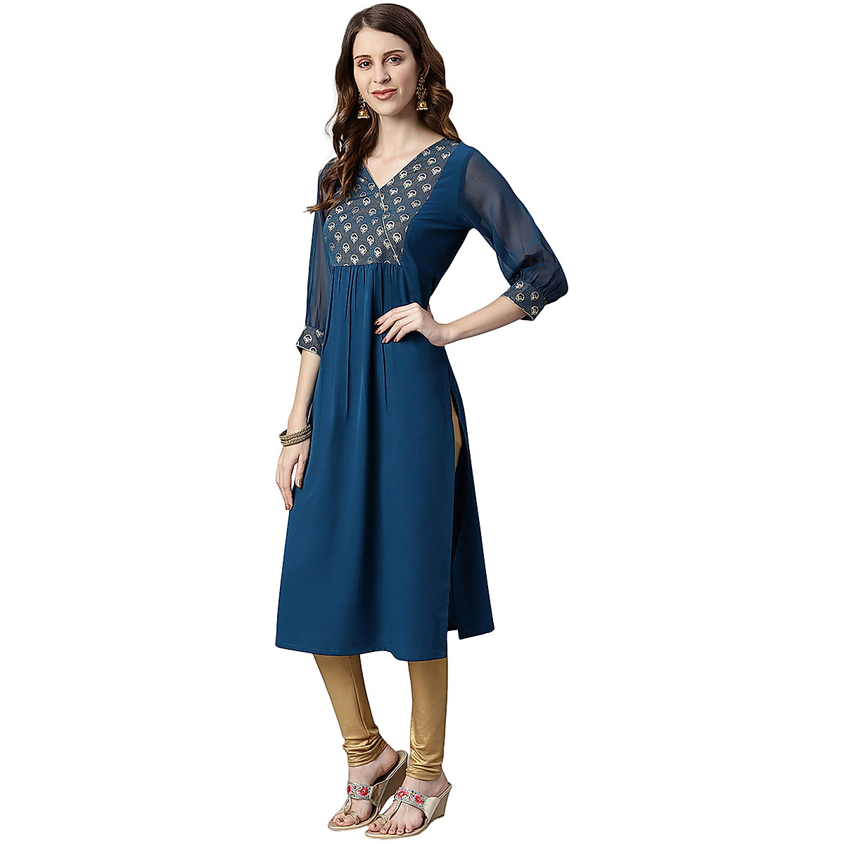 Janasya Indian Women's Teal Poly Crepe Kurta for Women