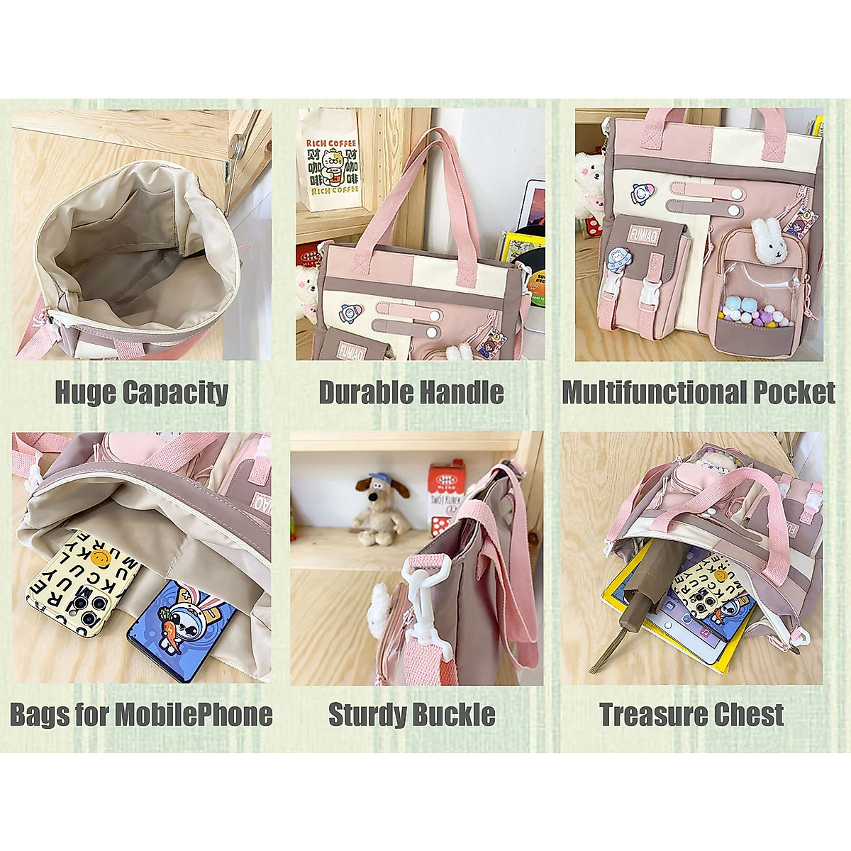 KOWVOWZ Kawaii Shoulder Tote Bag with Cute Pin Accessories Plush Rabbit & Bear Pendant Girl School Backpack Laptop Schoolbag Crossbody for Students (Purple)