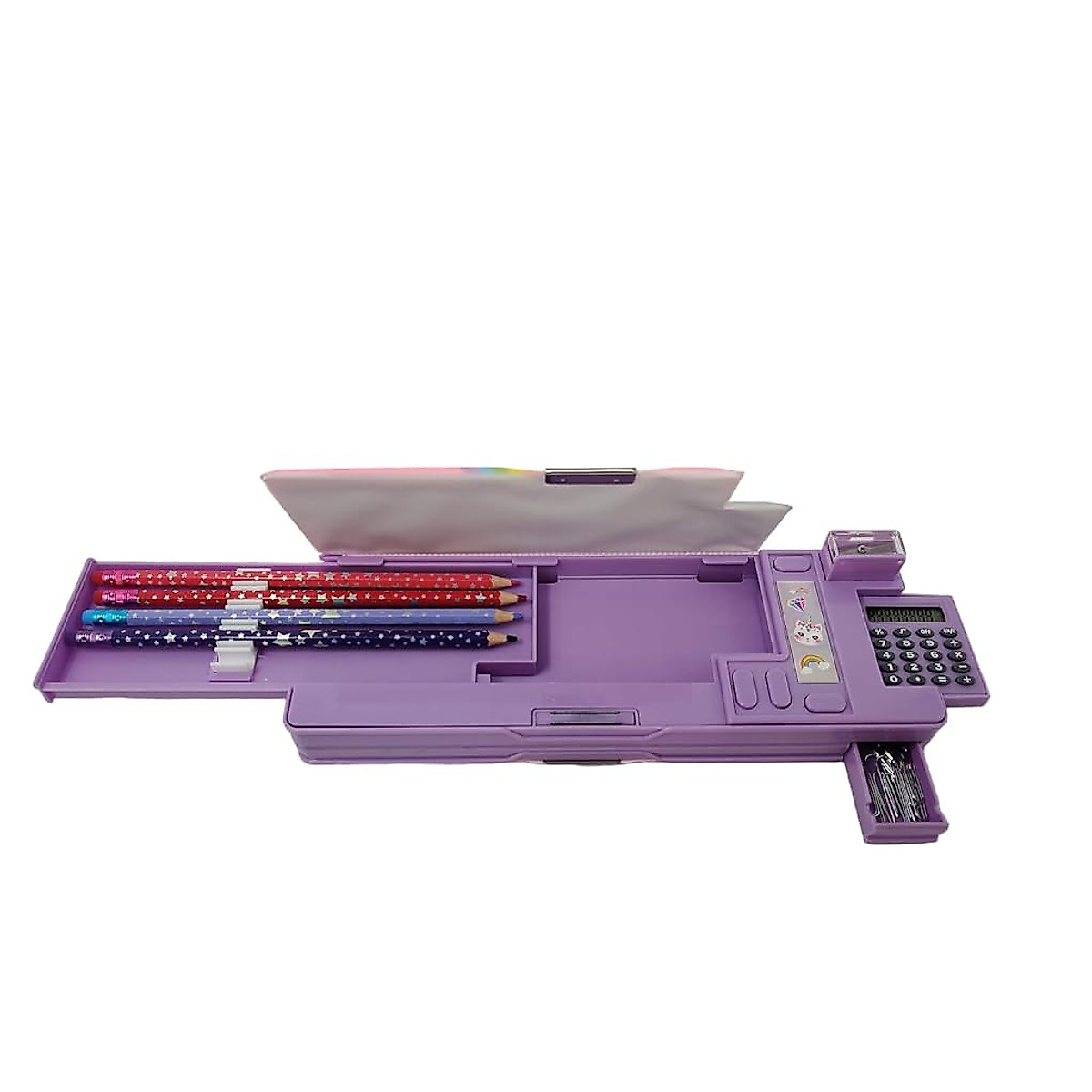 Hot Focus Caticorn Multifunction Pencil Case, Pencil Box with 2 Compartments for Girls. A Unique Stationery Set with Pop Out Calculator and Pencil Sharpener. Best Back to School Gift Set for Girls