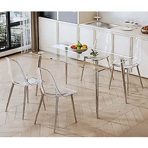 Ufurpie 5 Piece Dining Room Table Set, 51" Glass Kitchen Table & 4 Clear Chairs,Clear Dining Table Sets w/Chrome Legs, Pre Assembled Modern Glass Dining Table Set for 4(Silver)