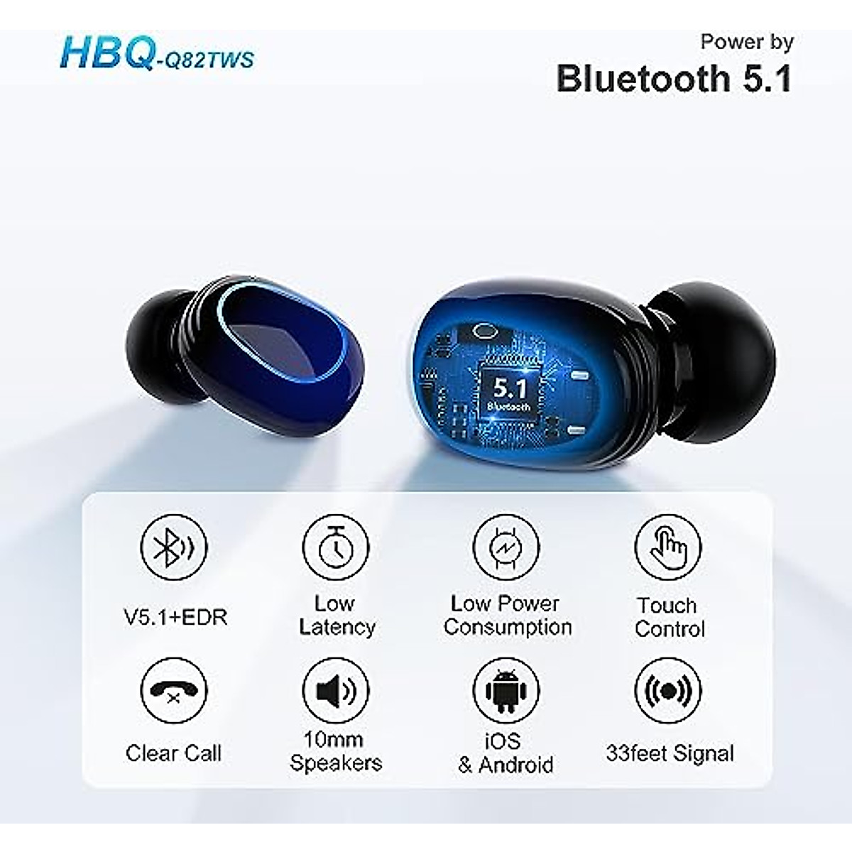 Kinganda Bluetooth Headphones True Wireless Earbuds Touch Control with LED Charging Case, IPX7 Waterproof, HiFi Stereo in Ear Earphones, Deep Bass Sports Ear Buds with Built-in Mic Blue