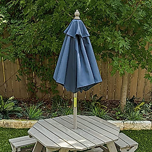 KidKraft Wooden Octagon Table, Stools & Umbrella Set, Kids’ Outdoor Furniture, Barnwood Gray & Navy