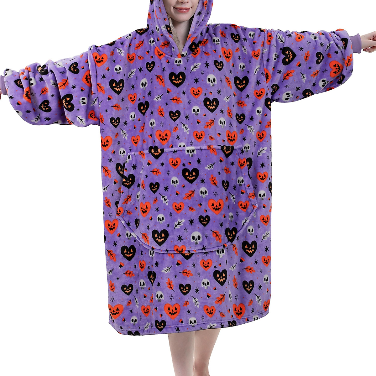 Easy-Going Oversized Flannel Wearable Blanket Hoodie for Adults, One Size Fits All, Purple