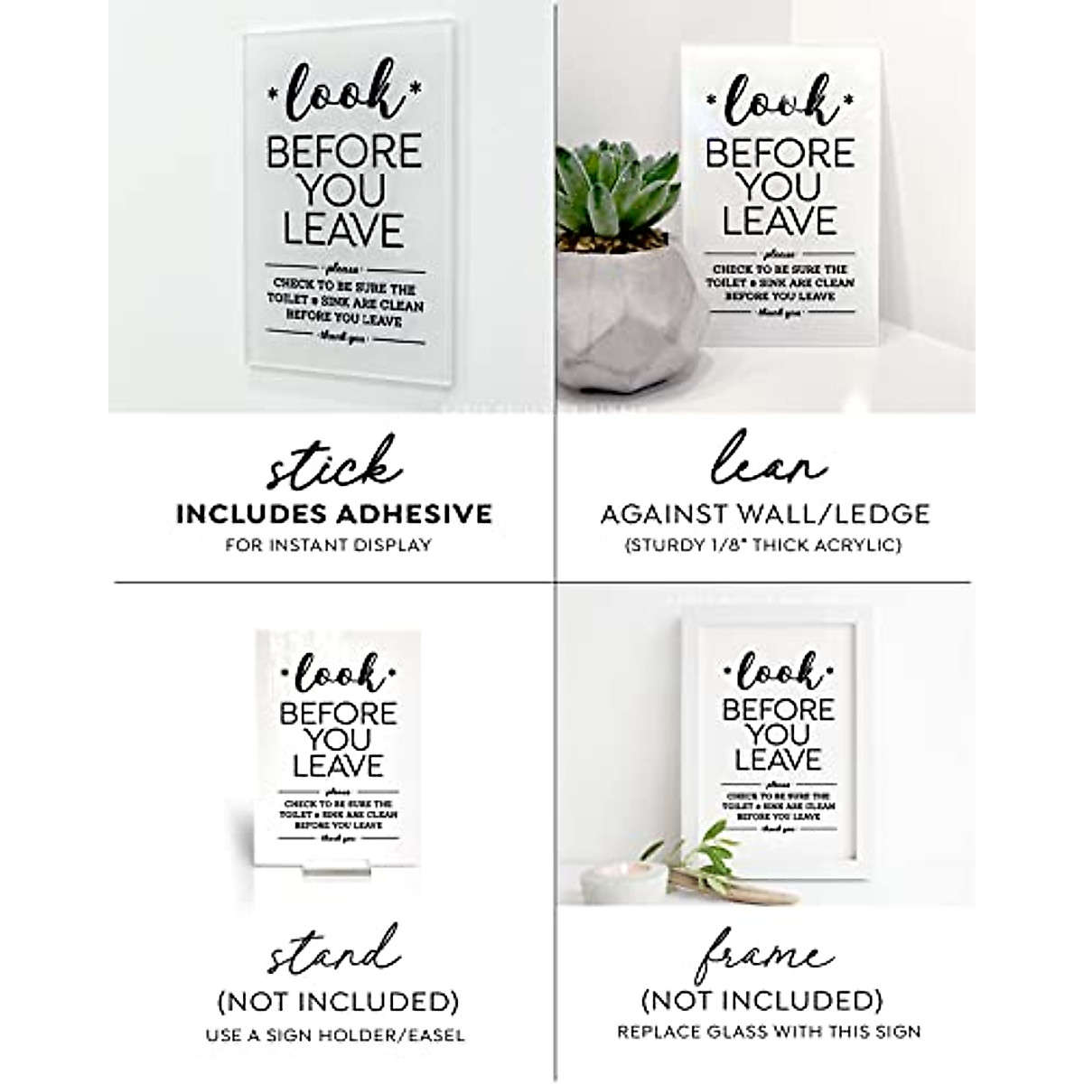 4x6 Inch Help Keep Toilet Sink Clean, Look Before you Leave Designer Sign ~ Ready to Stick, Lean or Frame