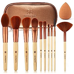 SEPROFE Makeup Brushes, 10Pcs Make Up Brushes Set, Premium Synthetic Kabuki Powder Foundation Contour Blush Concealer Eye Shadow Blending Liner Makeup Brush Kit with Organizer Bag and Makeup Sponge