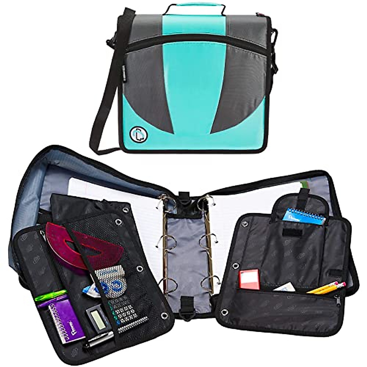 Case-it The Dual 2-in-1 Zipper Binder - Two 1.5 Inch D-Rings - Includes Pencil Pouch - Multiple Pockets - 600 Sheet Capacity - Comes with Shoulder Strap - Mint Blue Dual-101