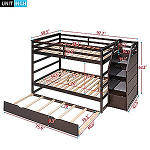 ODC Full Over Full Bunk Bed with Trundle,Solid Wood Stairway Bunk Bed with Twin Size Trundle and 3 Storage Stairs, Full Length Guardrail for Guests Room,Bedroom