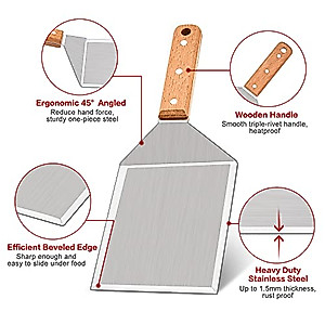Leonyo Metal Burger Spatula, Heavy Duty Stainless Steel Griddle Spatula, Wide Hamburger Turner for Smashing Burgers, Griddle Accessories for Flat Top, Teppanyaki, BBQ, Heatproof Wooden Handle