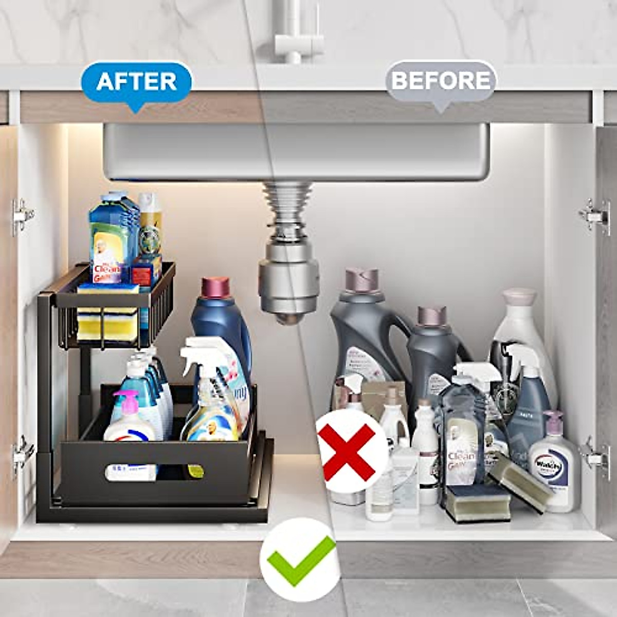 Statiem Under Sink Organizer, 2-Tier Under Sink Organizers and Storage Stainless Steel Drill-Free Rustproof Pull Out Cabinet Organizer for Bathroom Kitchen Organizers and Storage