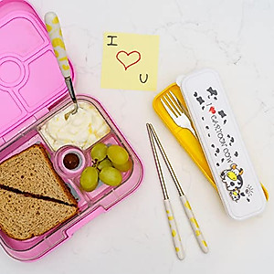 Flower Power Kids Portable Utensils, Travel Camping Cutlery, Stainless Steel Flatware set with Fork, Spoon, and Chopstick, Ceramic Handles, Cow Design (yellow)