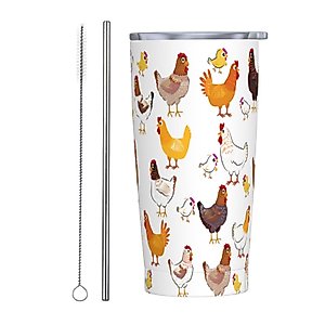 CHASOEA Chicken Tumbler 20oz Rooster Hen Stainless Steel Insulated Tumblers with Lid and Straw Animal Travel Coffee Mug Tea Wine Cups Water Bottle Chicken Gifts for Women Chicken Lovers, White yellow