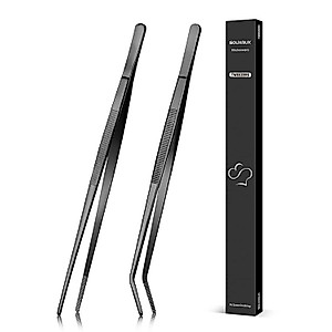 12-inch Cooking Tweezer and Curved Tong Set, Tongs Precision Serrated Tips, Stainless Steel Professional Chef Tweezer Kitchen Tools for BBQ, Plating and Serving