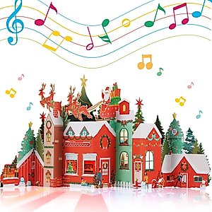 JOYJOM 3D Pop Up Christmas Cards, Musical Christmas Cards with Envelopes, Lights and Note Tag for Kids Wife Mon Dad Friends,21" x 11.4" (Village Santa and Reindeers)