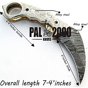 PAL 2000 KNIVES POC-9517 Handmade Damascus Steel Folding Pocket Knife Engraved Steel Handle with Sheath