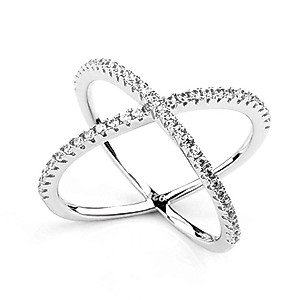 LEMON GRASS Womens Criss Cross Ring X Ring Micropave CZ Inlay in Silver Rhodium Plating Size 7