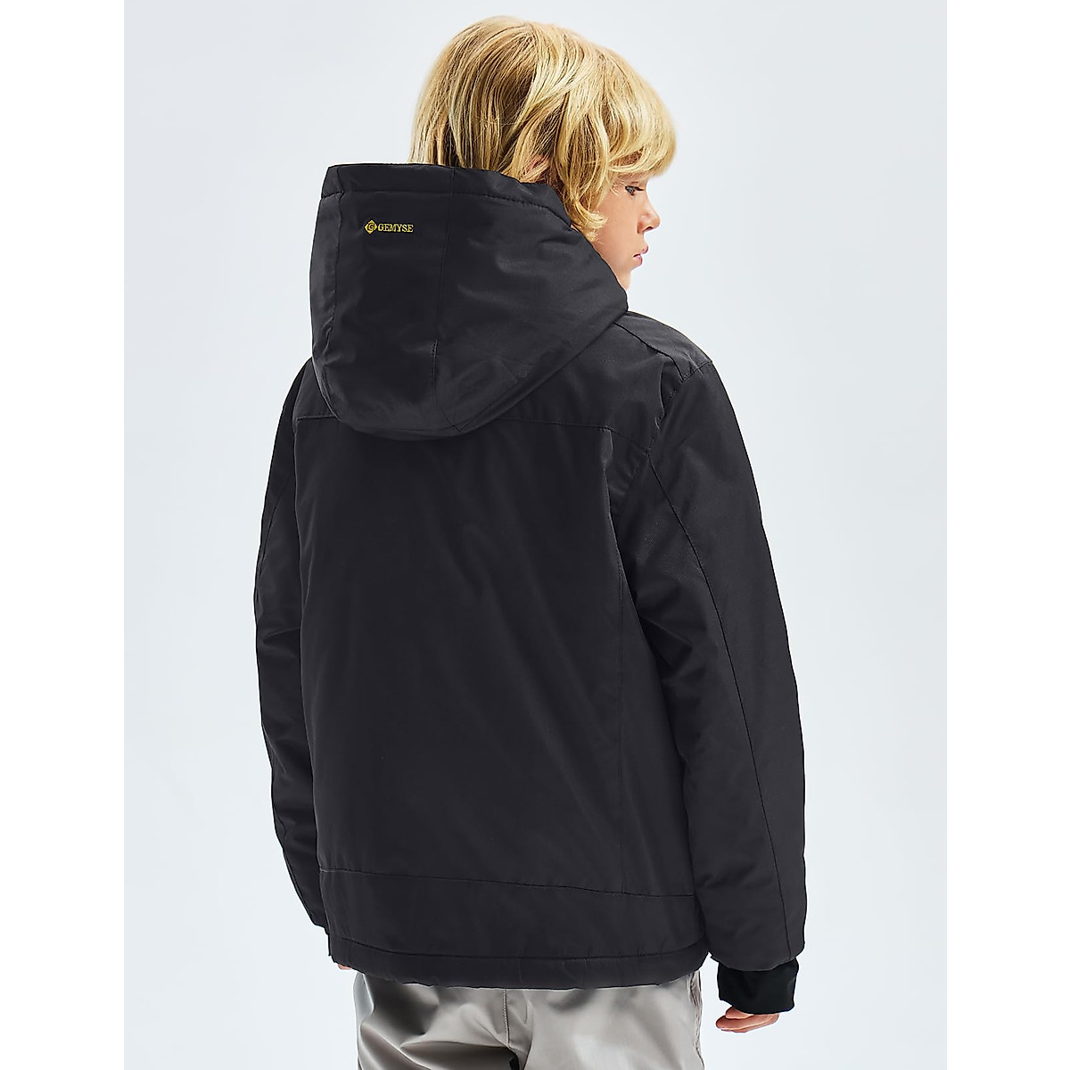GEMYSE Boy's Waterproof Ski Snow Jacket Hooded Fleece Lined Windproof Winter Jacket (Black,10/12)