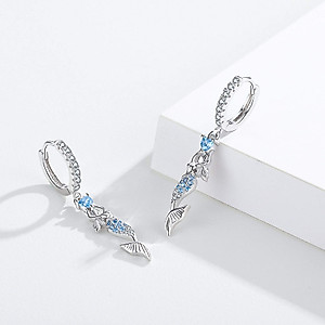 Cuoka Mermaid Earrings 925 Sterling Silver CZ Mermaid Dangle Drop Earrings,Hawaii Mermaid Hoop Earrings Jewelry for Women Mermaid Lovers