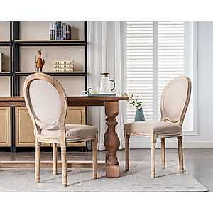 CIMOTA Farmhouse Dining Chairs Set of 4, Upholstered Vintage French Dining Room Chair with Round Back Distressed Wood, Mid Century Side Chairs for Kitchen/Restaurant, Beige/4PCS