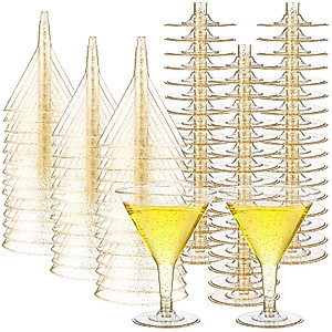 WILLBOND 60 Pieces Gold Glitter Plastic Martini Glasses Set 6.5 oz Disposable Cocktail Glasses Stemmed Plastic Margarita Glasses for Wedding Party Wine Champagne Coupe Appetizer Dessert Mousse Supply