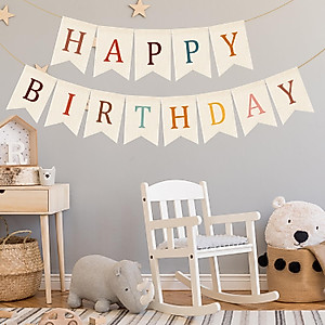 Doumeny Happy Birthday Burlap Banner Boho Birthday Garland Banner Bohemian Birthday Party Banner Rustic White Birthday Bunting Garland Rainbow Birthday Banner for Women Men Birthday Kid Photo Backdrop