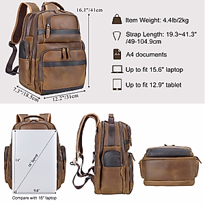 TIDING Men's Vintage Leather Backpack 15.6" Laptop Bag Large Capacity Business Travel Hiking Shoulder Daypacks