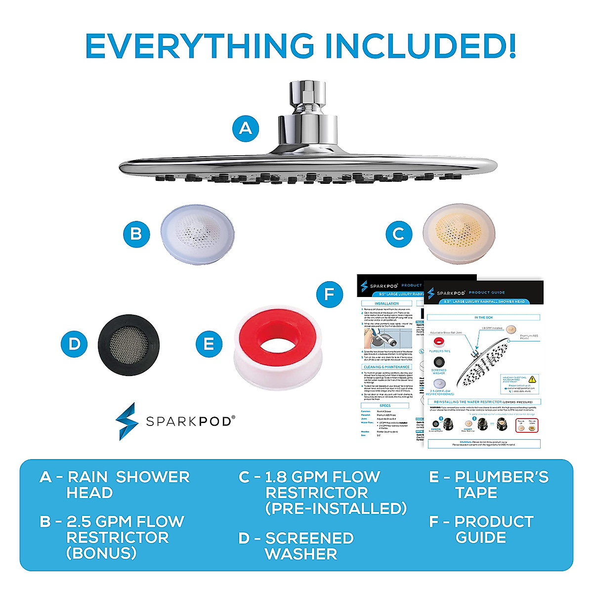 SparkPod 9.5 Inch Large Rain Shower Head - Luxury Rainfall Shower Head - High Pressure Showerhead, Full Body Coverage with Anti-Clog Silicone Nozzles -No Hassle, Easy Install (1/2 NPT, Chrome)