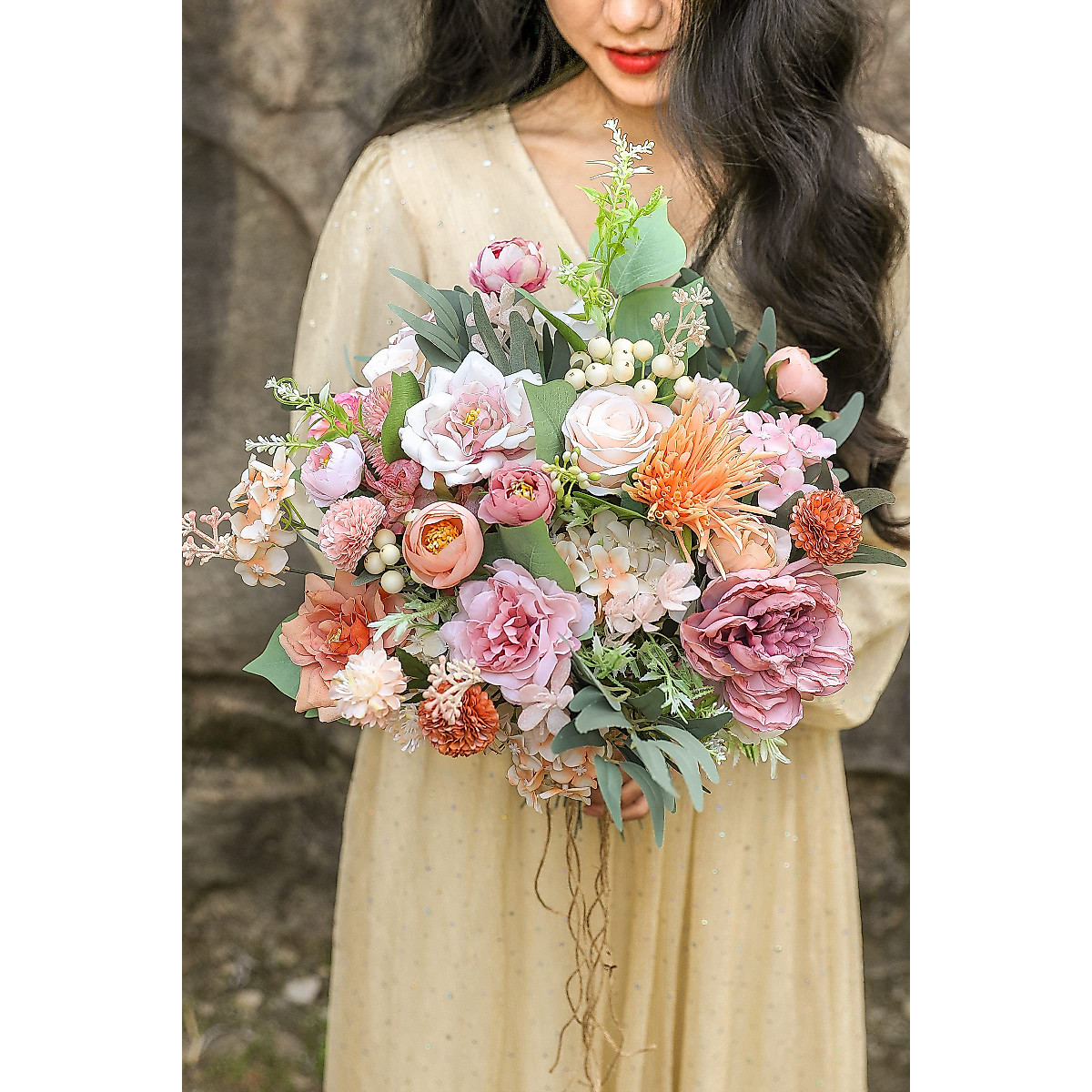 YYHUAWU Artificial Flowers Combo Set Fake Flower Leaf Box with Stems for DIY Wedding Bouquets Centerpieces Flower Arrangements Decorations Baby Shower Party Home Decorations Orange Pink