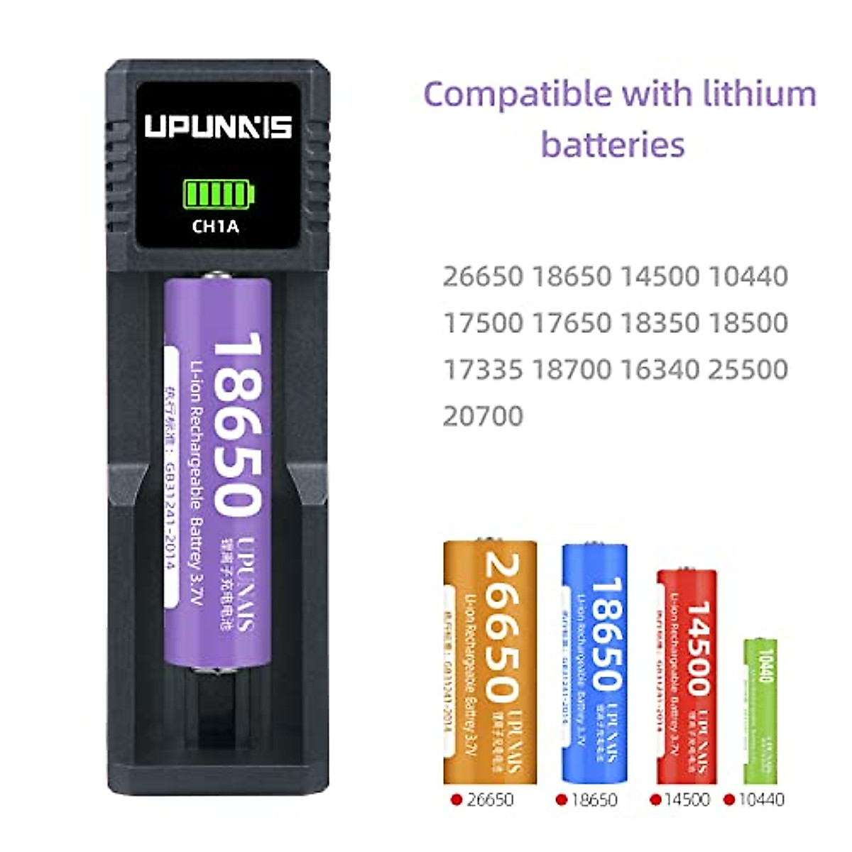 18650 Battery Charger, Suitable for li-ion Battery 18650 20700 10440 14500 18500 16340 17500 26650 Batteries Charger, Type C Single Bay Rechargeable Battery Charger