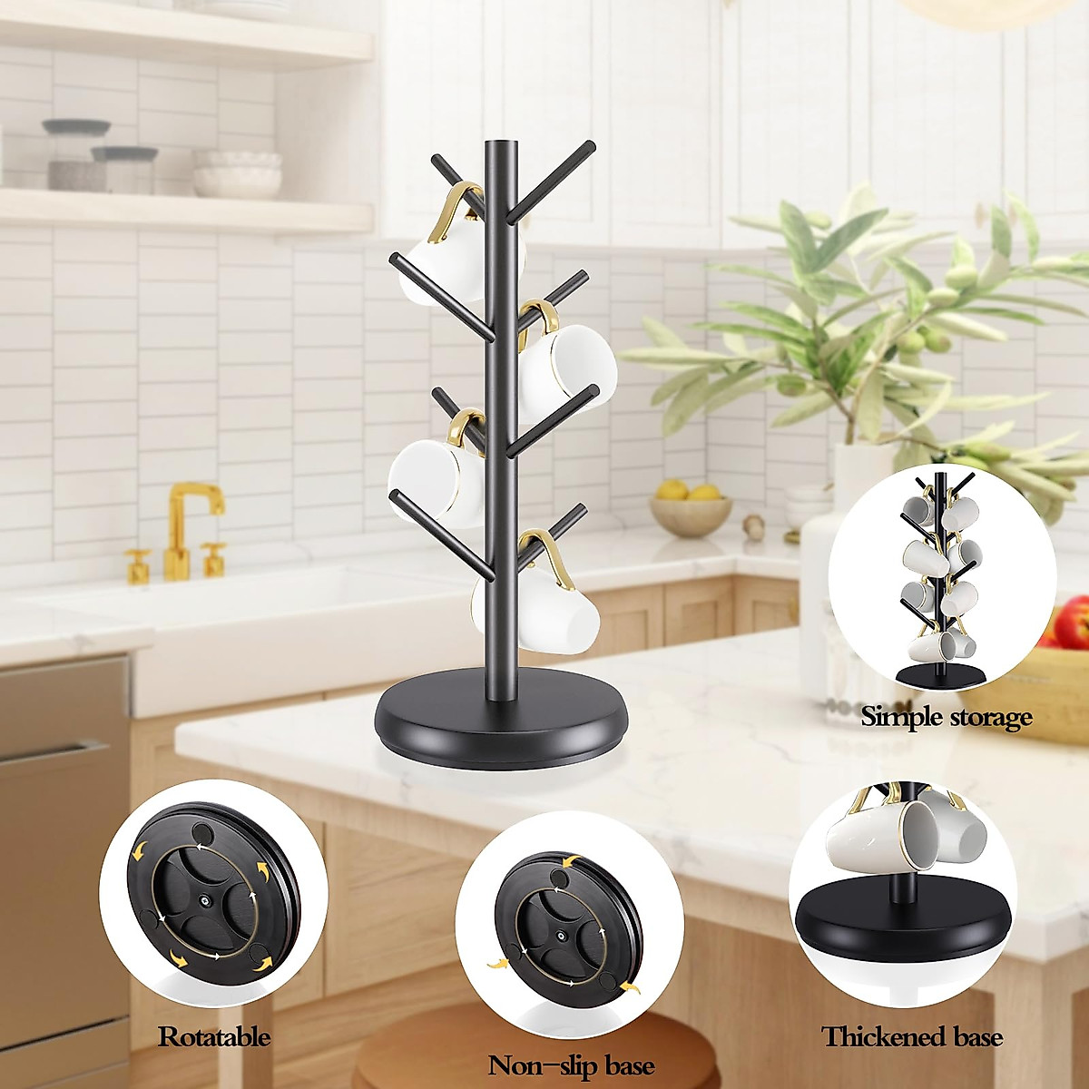 ZYZWTG Mug Holder Tree,New Upgraded 360° Rotated 8 Hooks Coffee Cup Holder for Counter,Wood Coffee Mug Rack Standing for Coffee Bar Accessories and Kitchen Home Organizer(Black)
