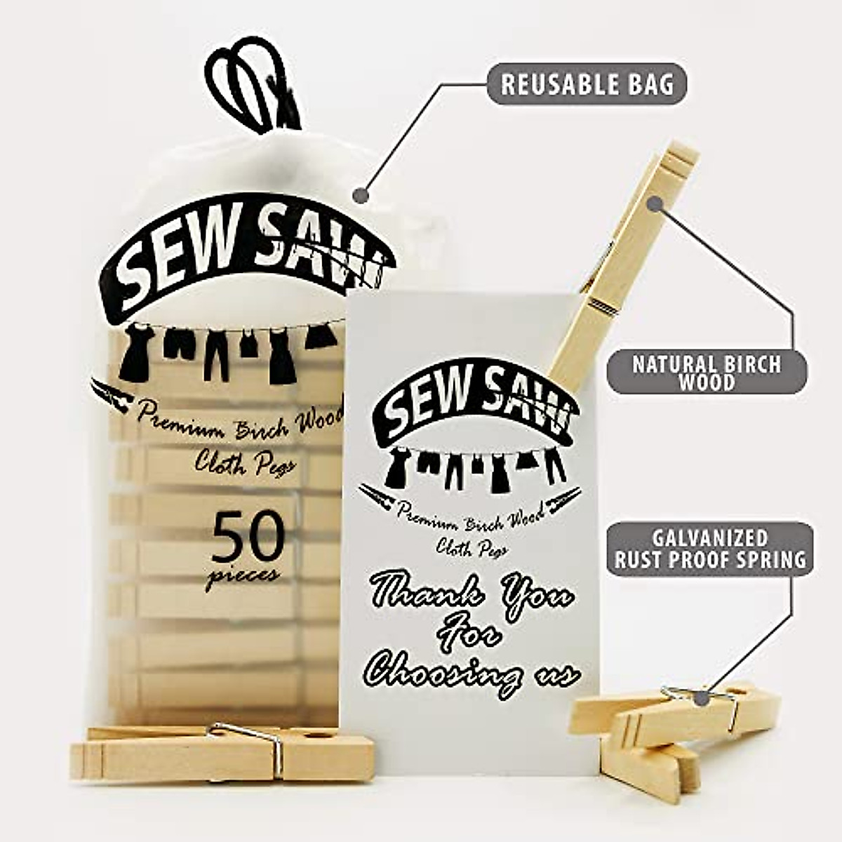 Wooden Clothespins for Crafts with Reusable Storage Bag – 50 Pack Natural Clothes Pins Heavy Duty Outdoor and Indoor Use, Moisture Resistant Laundry Clips with Strong Grip