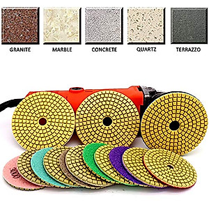 ADVcer 13pcs Diamond Polishing Pads, 4 inch Polish Pad 50 - 8000 Grit Wet Stone Polishing Kit with M10 Hook & Loop Backing Holder Disc for Granite Concrete Marble Quartz Countertop Tile Floor Polisher
