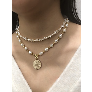 Y2K Pearl Choker Necklace Baroque Cultured Handpicked Pearl 18K Gold Plated Bead Ball Chain Coin Charm Pendant Vintage Jewelry Gifts for Women Men