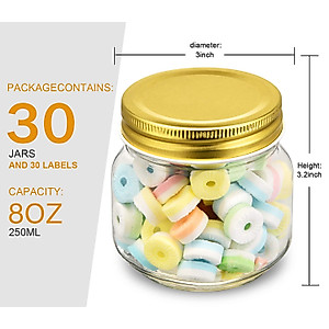 Rainforce Mason Jars 8 oz 30 Pack- Small Mason Jars With Gold Lids -1/4 Quart Canning Jars| Storage Pickling Jars For Jelly, Jam, Honey, Pickles - Spice Glass Jars - With 30 Chalkboard Labels