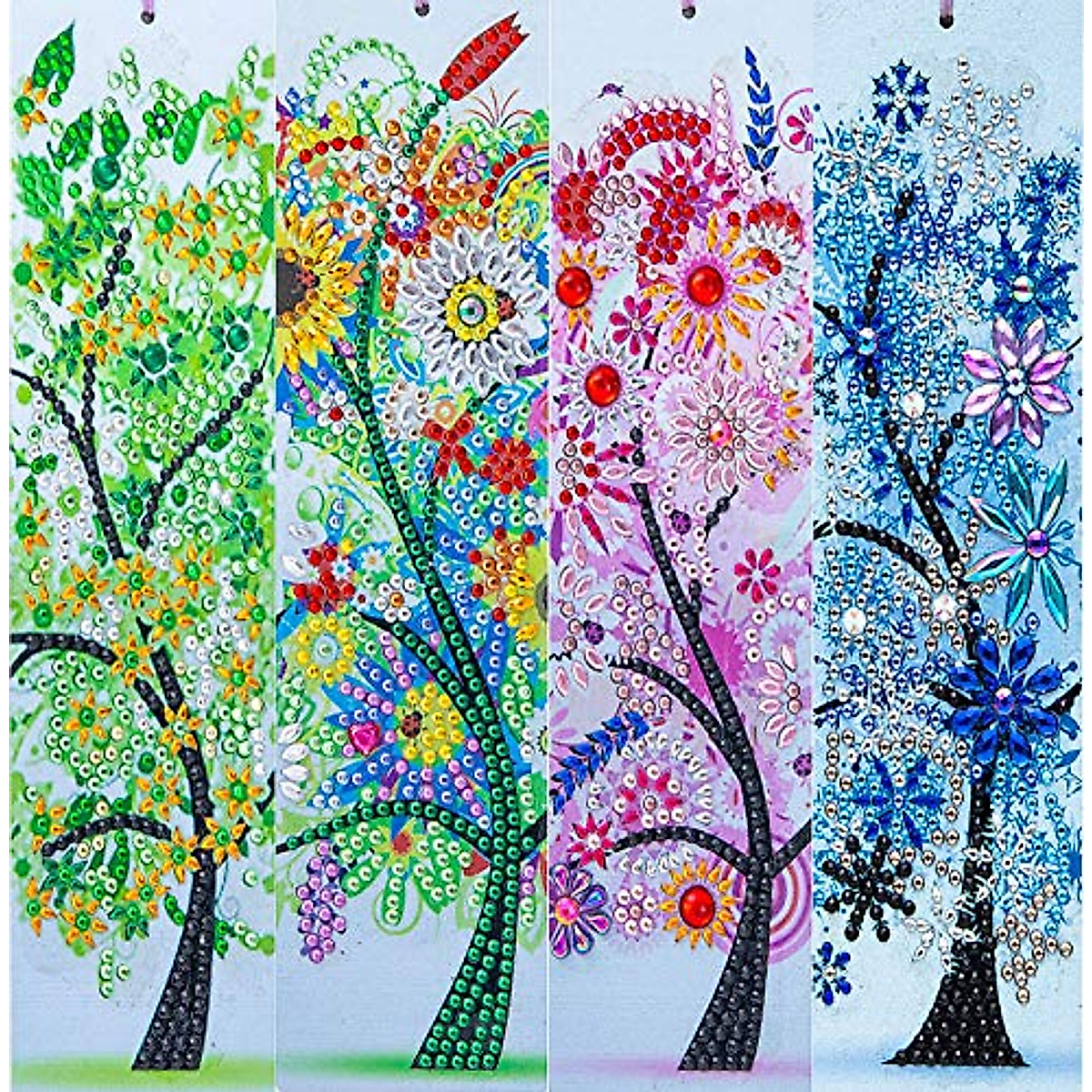 4 Pack 5D Diamond Painting Bookmarks Beautiful Four Seasons Trees Leather Tassel Bookmark with Diamond Painting Kits for Adults and Kids,8.3x2.4 Inch
