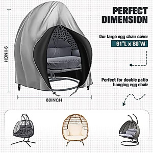 Patio Hanging Chair Cover Outdoor Double Swing Egg Chair Cover Waterproof Durable Lightweight Wicker Furniture Dust Protector 91" x 80" (Grey)