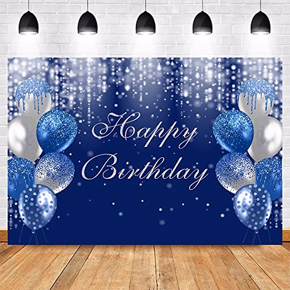 Mocsicka Royal Blue and Silver Happy Birthday Backdrop Blue Balloons Glitter Bokeh Dots Photography Background for Adults Women Birthday Party Decoration Banner Photo Booth Props (7x5ft)