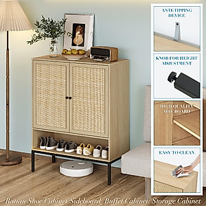 Brafab Shoe Storage Cabinet with Adjustable Shelf, 5 Tier Shoe Organizer with Natural Woven Rattan Doors, Shoe Rack with Opening Shelf for Hallway Entryway Living Room (Oak)