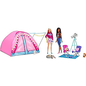 Barbie It Takes Two Dolls & 20 Accessories, Let's Go Camping Tent Playset with Brooklyn & Malibu Dolls & 2 Moving Animals