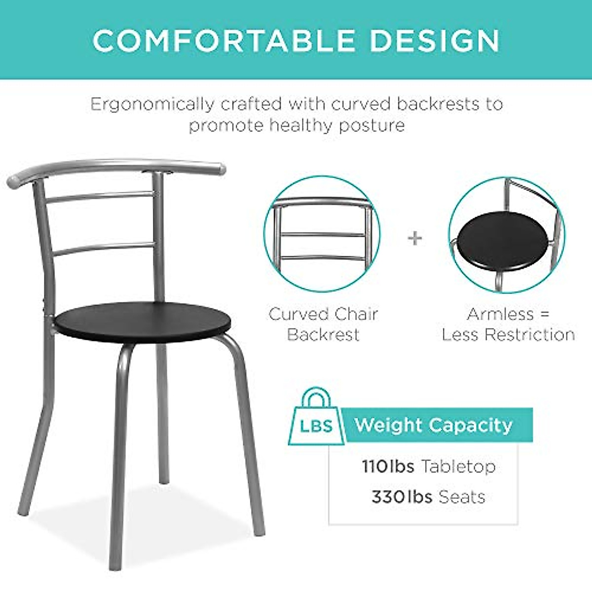 Best Choice Products 3-Piece Wooden Round Table & Chair Set for Kitchen, Dining Room, Compact Space w/Steel Frame, Built-in Wine Rack - Black/Silver