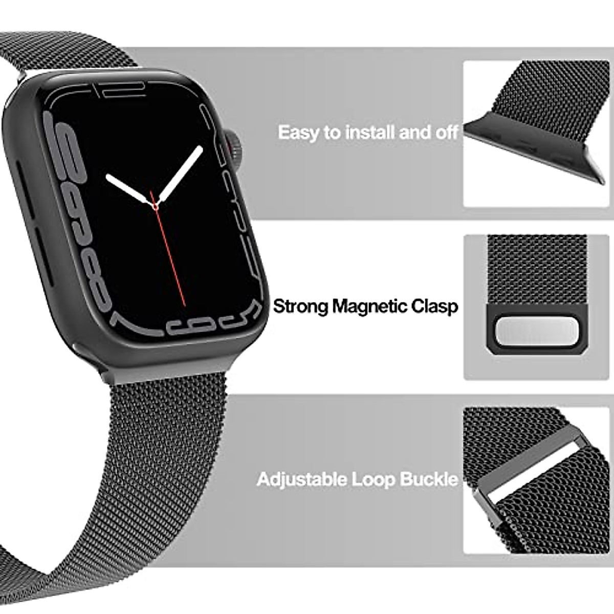 EPULY Compatible with Apple Watch Band 42mm 44mm 45mm 38mm 40mm 41mm,Stainless Steel Mesh Loop Magnetic Clasp Bands for iWatch Series 8 SE 7 6 5 4 3 2 1 Women Men-41mm/40mm/38mm Black