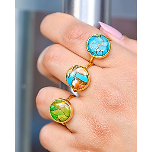 YoTreasure 13x14 MM Blue Copper Turquoise Ring 14k Gold Plated Over 925 Silver Jewelry