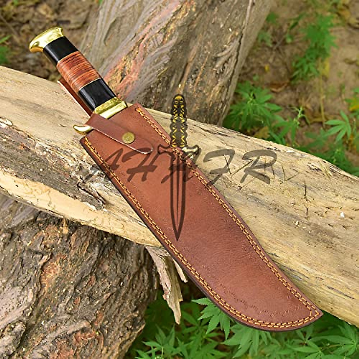 AHAFR Crocodile Dundee Bowie Knife D 2 Steel Handmade 18" Buffalo Horn Leather Handle Knife Large Hunting Bowie Knife With Leather Sheath Razor Sharp KE-0547-HK