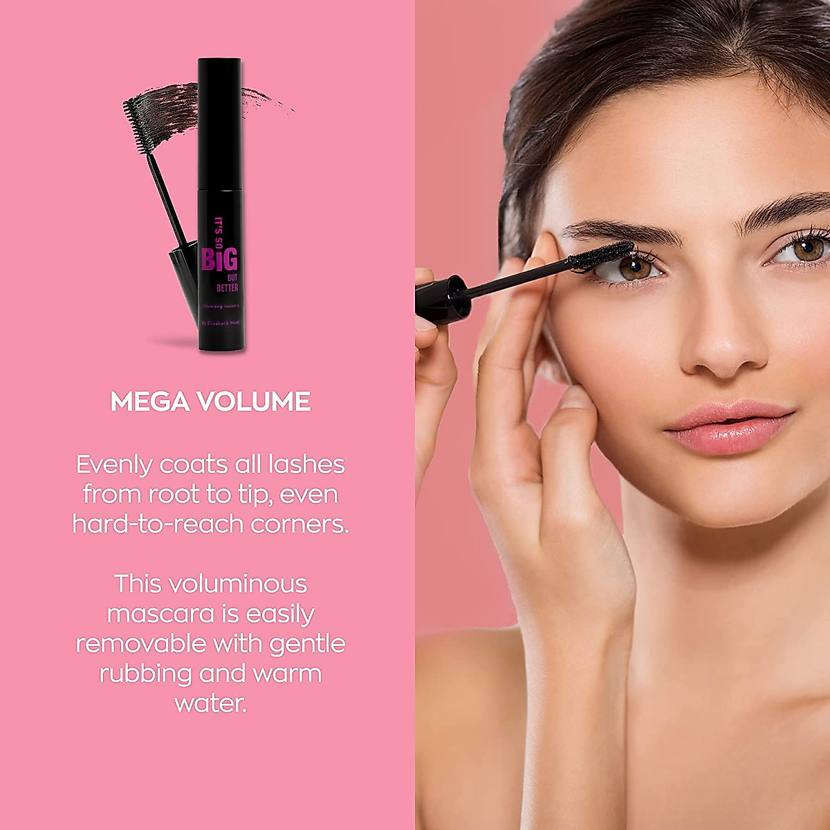 Elizabeth Mott Black Volumizing Smudge-Proof Mascara-Cruelty Free Lengthening Fiber Mascara with Hourglass Wand-Water Resistant,No Clump,Amazing Eyelashes,Safe with Lash Extensions,Full-Size 10ml