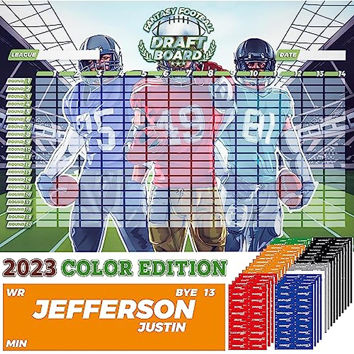 Fantasy Football Draft Board 2023-2024 Kit, 580 Player Labels, 6 Feet x 4 Feet Large Board with 14 Teams, 20 Rounds, 2023 Top Rookie, Blank Label