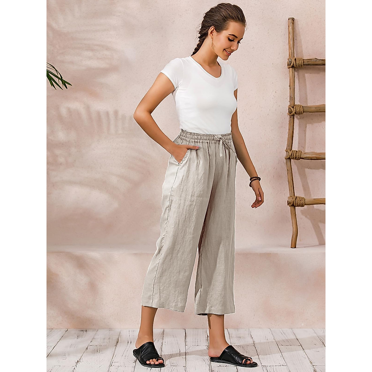 ECUPPER Womens Linen Cropped Pants Loose Casual Capri Cotton Wide Leg Plus Size Elastic Waist with Drawstring Trouses Natural XL
